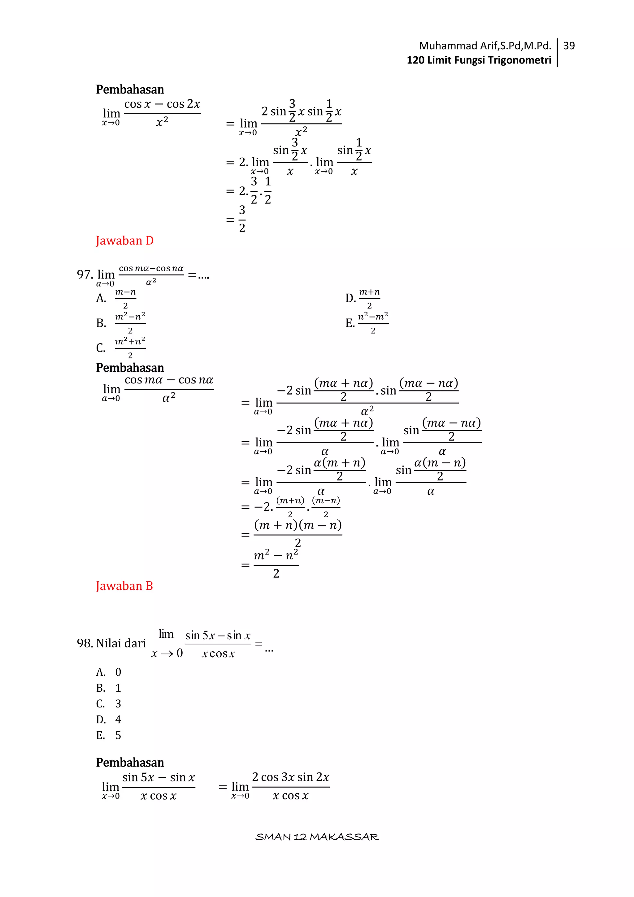 120 soal dan pembahasan limit fungsi trigonometri | PDF