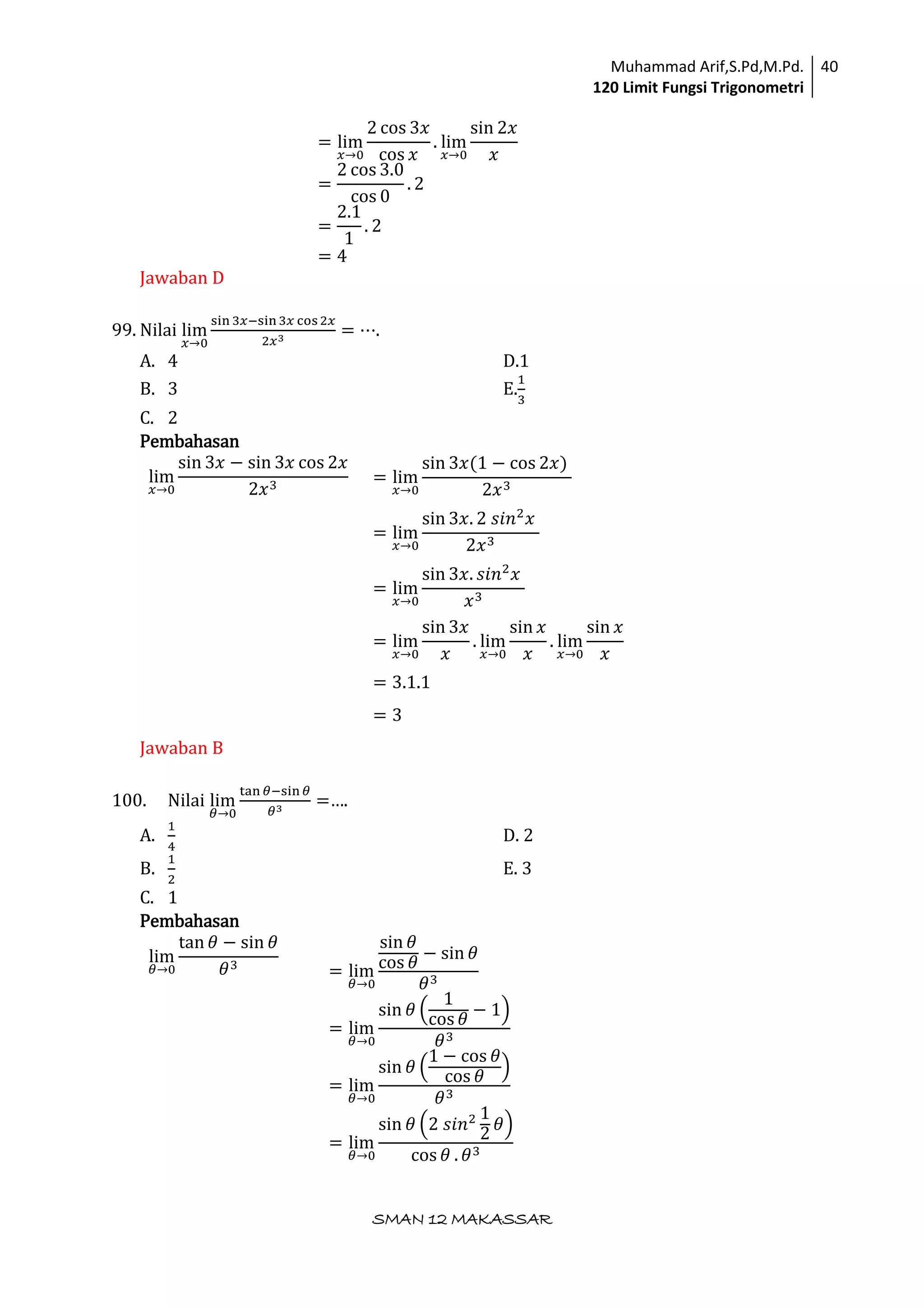 120 soal dan pembahasan limit fungsi trigonometri | PDF