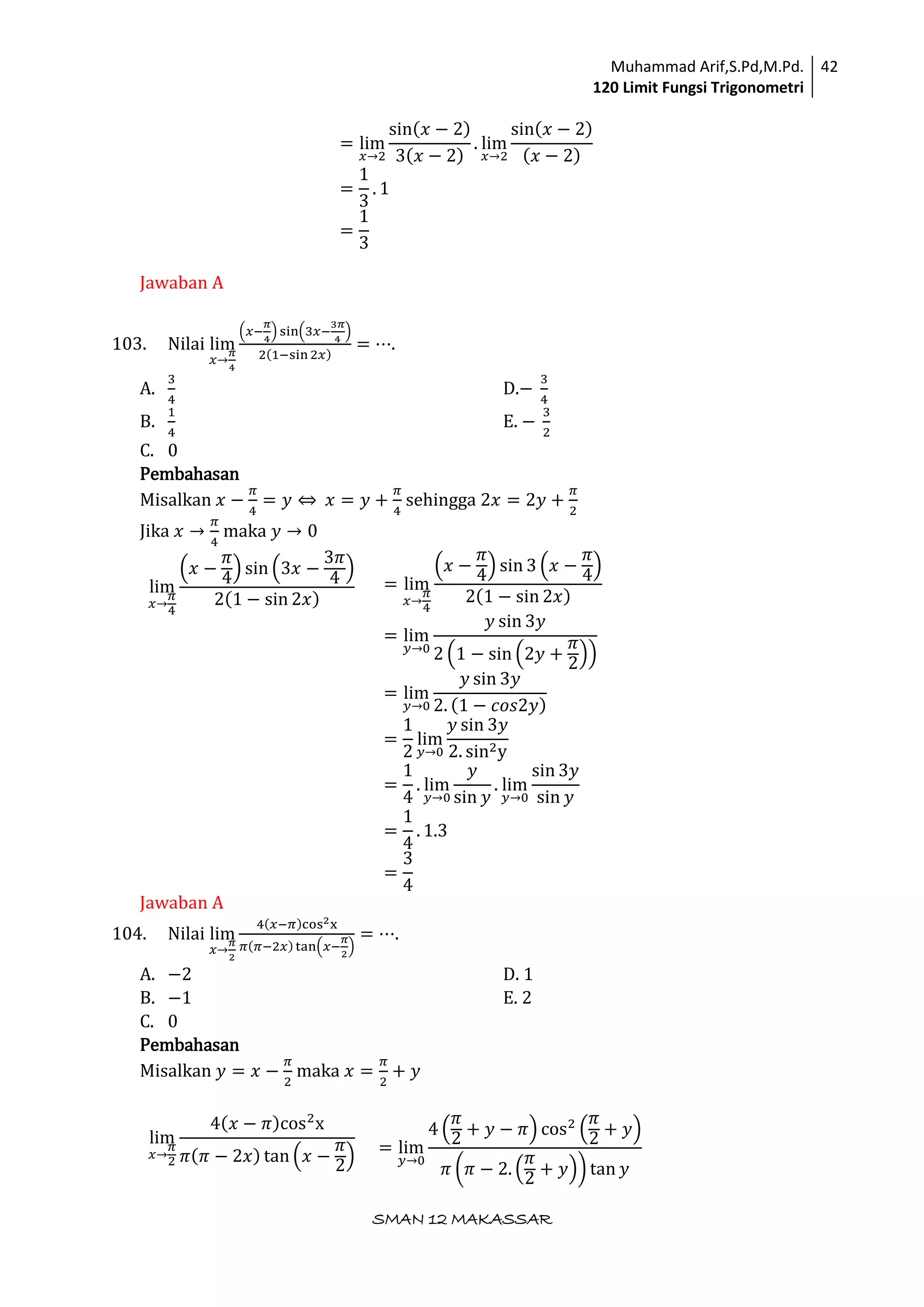 120 soal dan pembahasan limit fungsi trigonometri | PDF