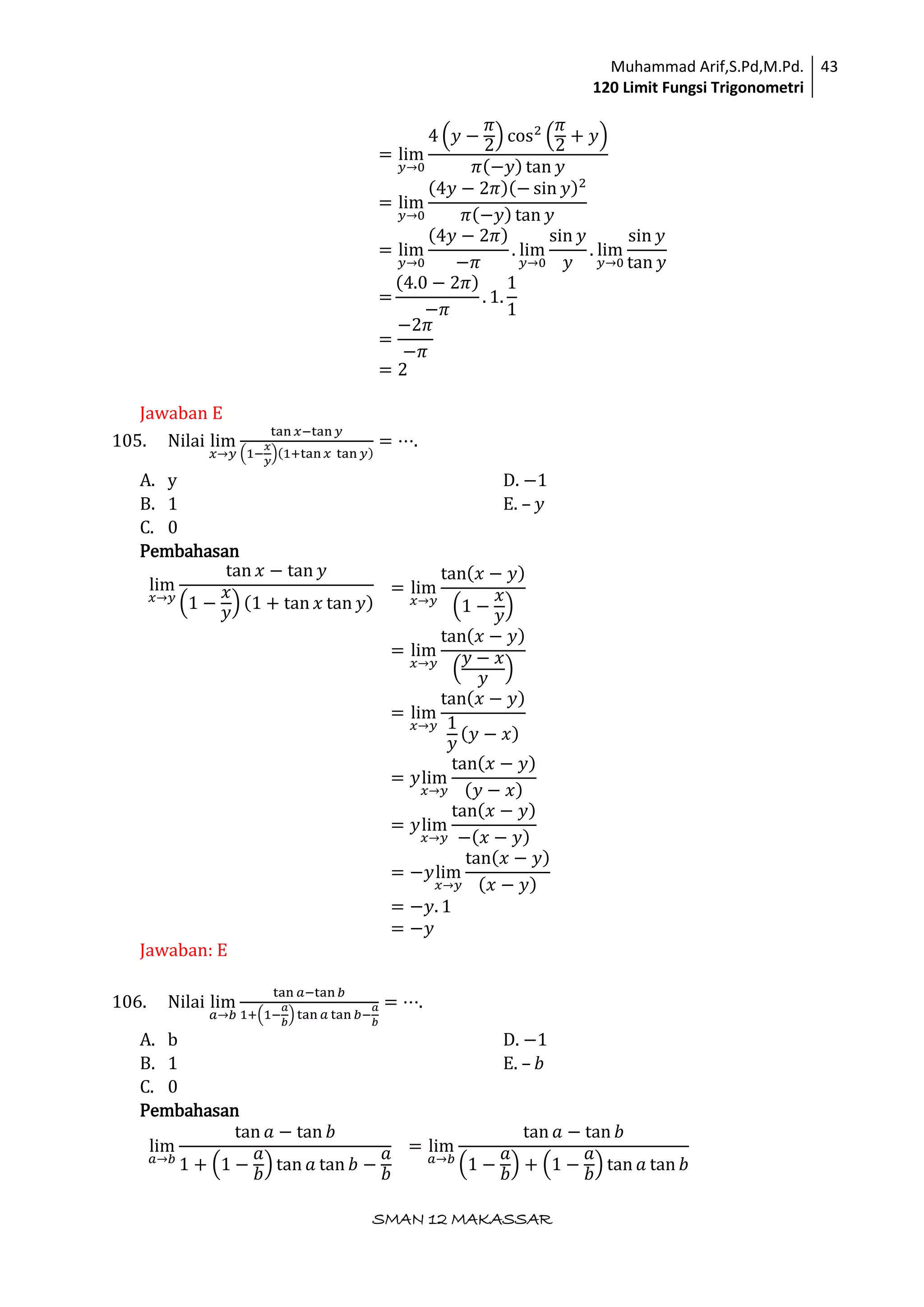 120 soal dan pembahasan limit fungsi trigonometri | PDF