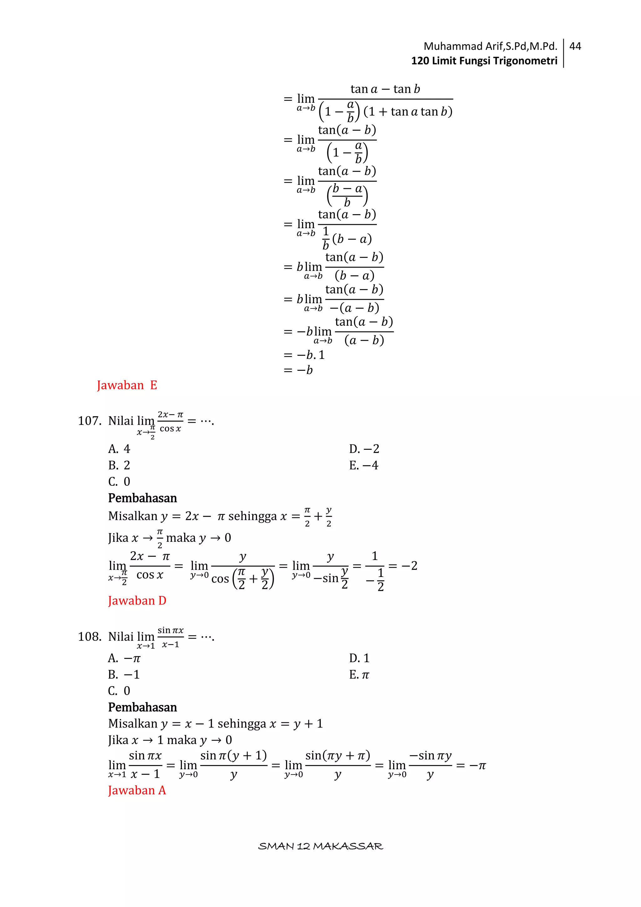 120 soal dan pembahasan limit fungsi trigonometri | PDF