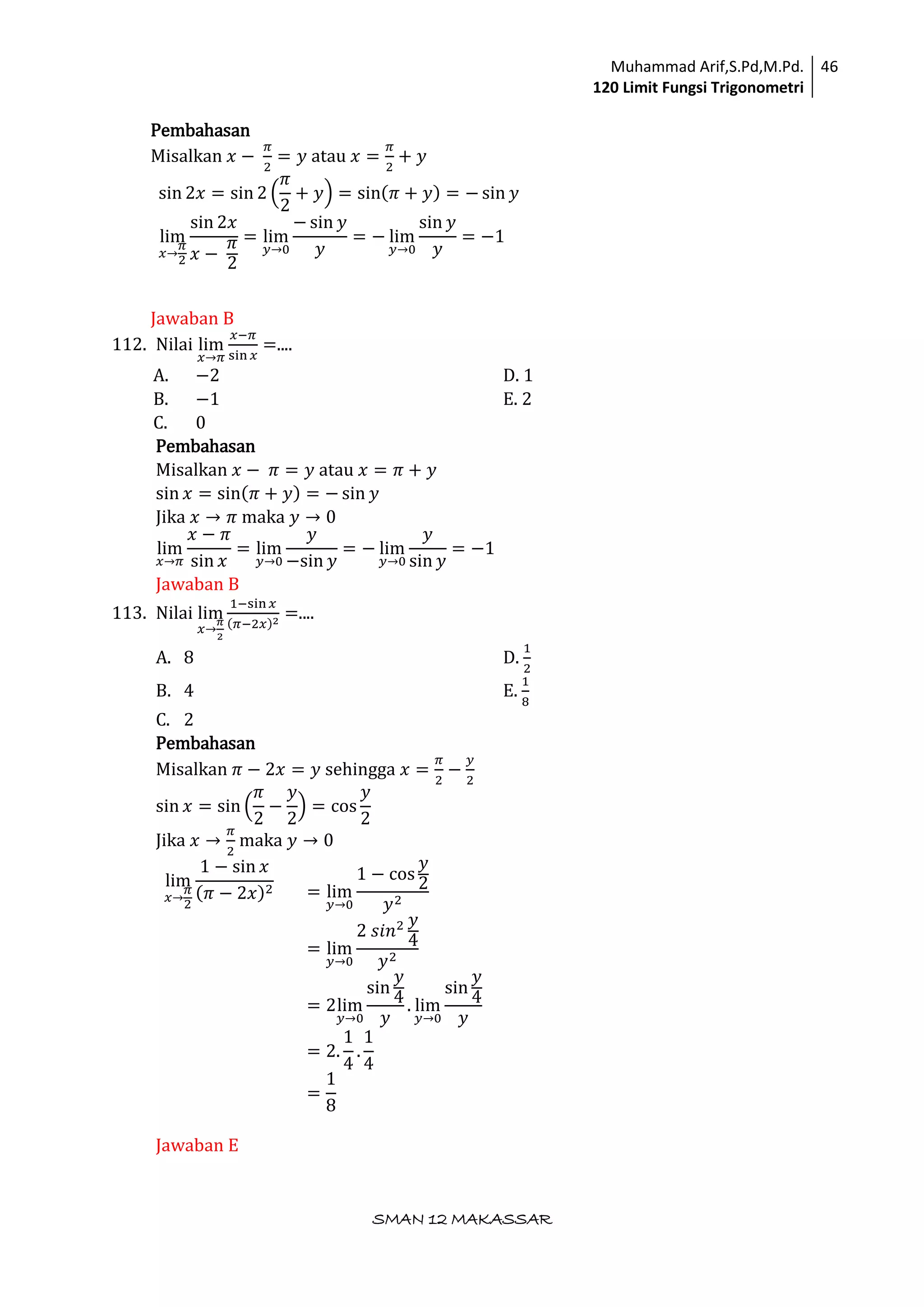 120 soal dan pembahasan limit fungsi trigonometri | PDF