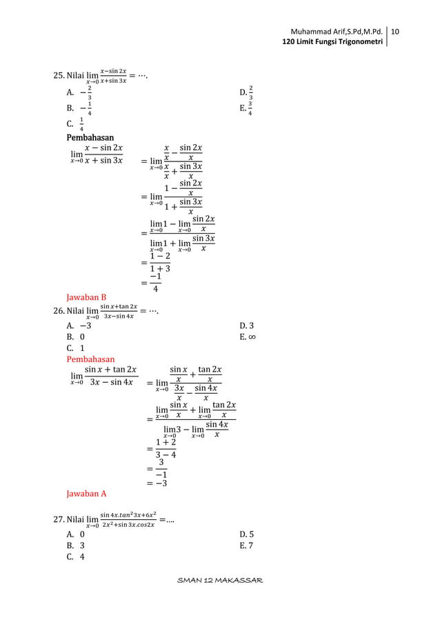 120 soal dan pembahasan limit fungsi trigonometri | PDF