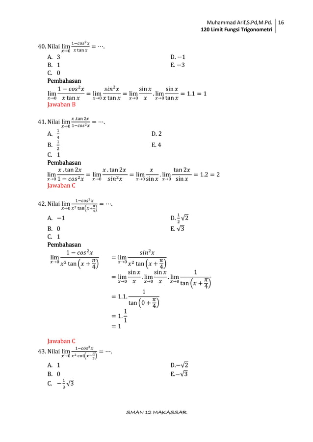 120 soal dan pembahasan limit fungsi trigonometri | PDF