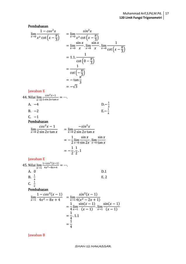 120 soal dan pembahasan limit fungsi trigonometri | PDF