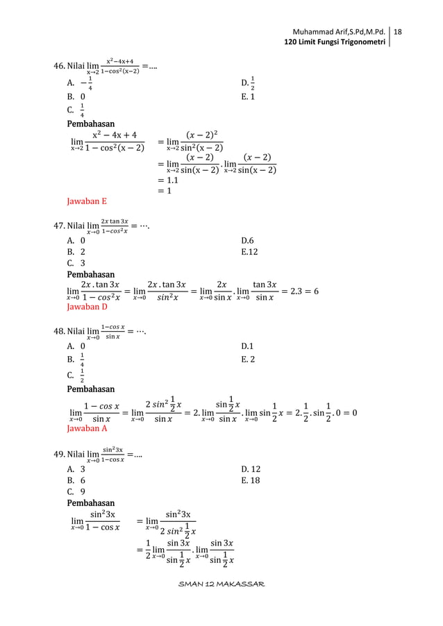 120 soal dan pembahasan limit fungsi trigonometri | PDF