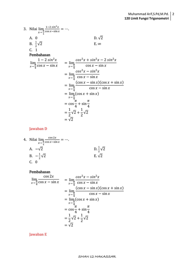 120 soal dan pembahasan limit fungsi trigonometri | PDF