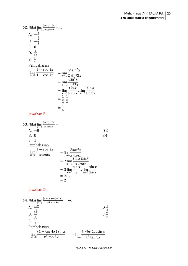 120 soal dan pembahasan limit fungsi trigonometri | PDF