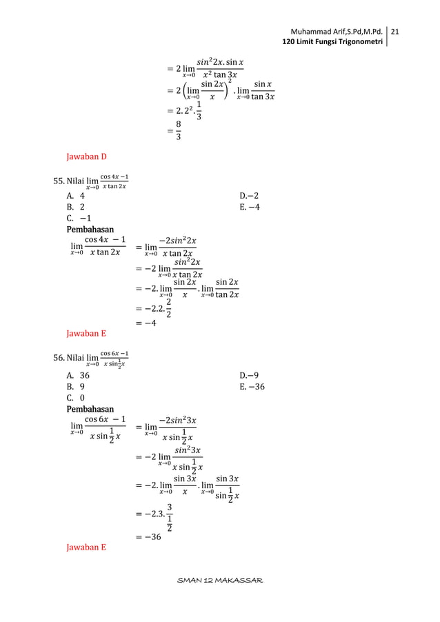 120 soal dan pembahasan limit fungsi trigonometri | PDF