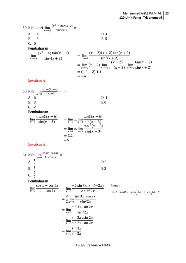 120 soal dan pembahasan limit fungsi trigonometri | PDF