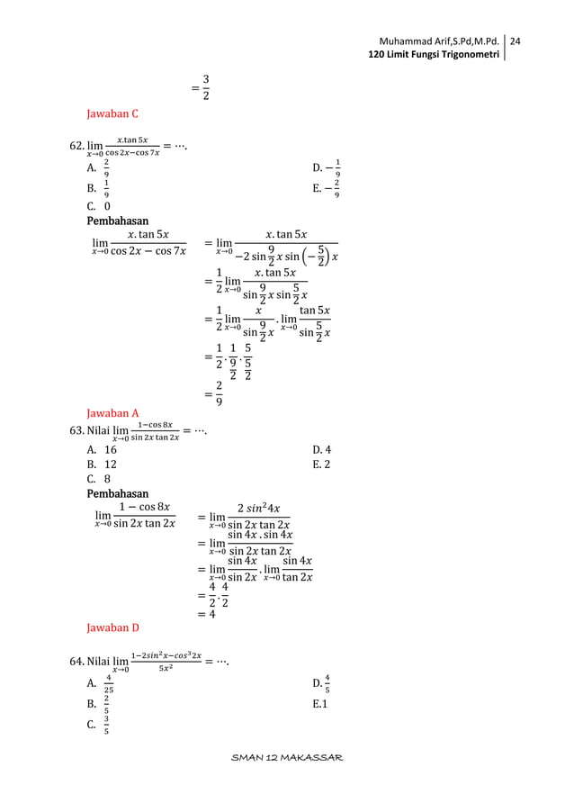 120 soal dan pembahasan limit fungsi trigonometri | PDF