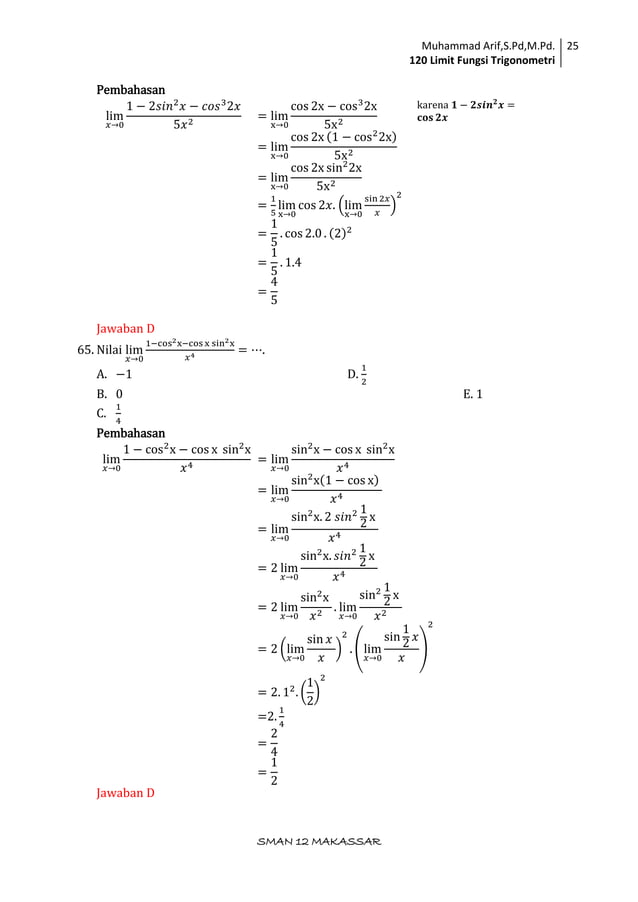 120 soal dan pembahasan limit fungsi trigonometri | PDF