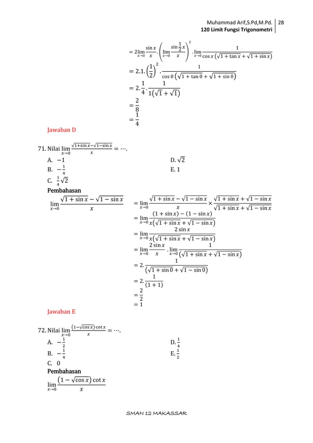 120 soal dan pembahasan limit fungsi trigonometri | PDF