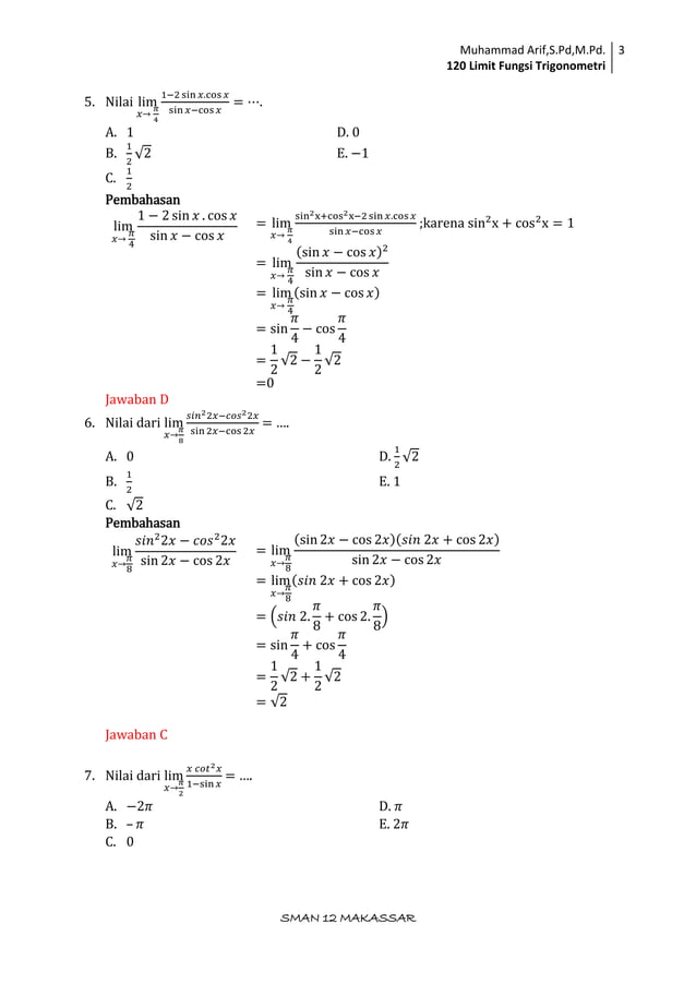 120 soal dan pembahasan limit fungsi trigonometri | PDF