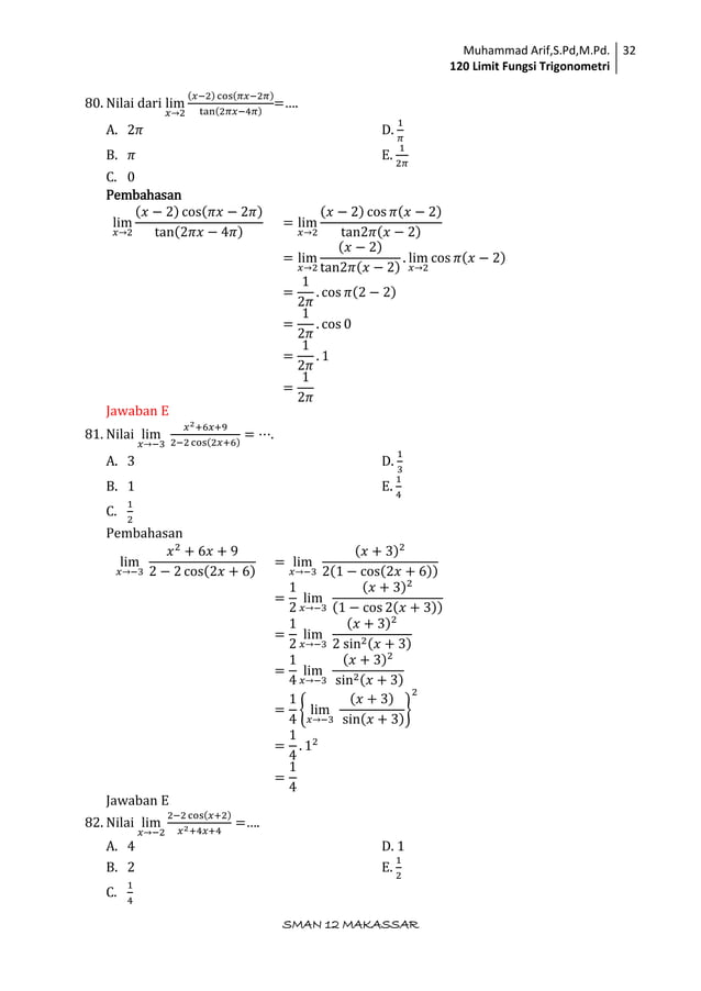 120 soal dan pembahasan limit fungsi trigonometri | PDF