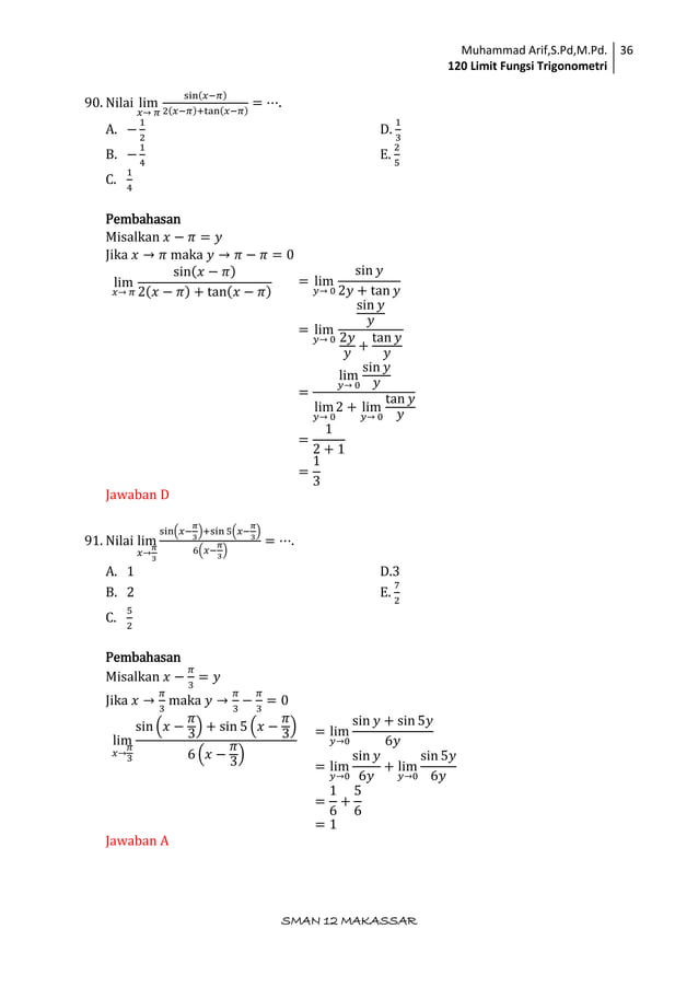 120 soal dan pembahasan limit fungsi trigonometri | PDF