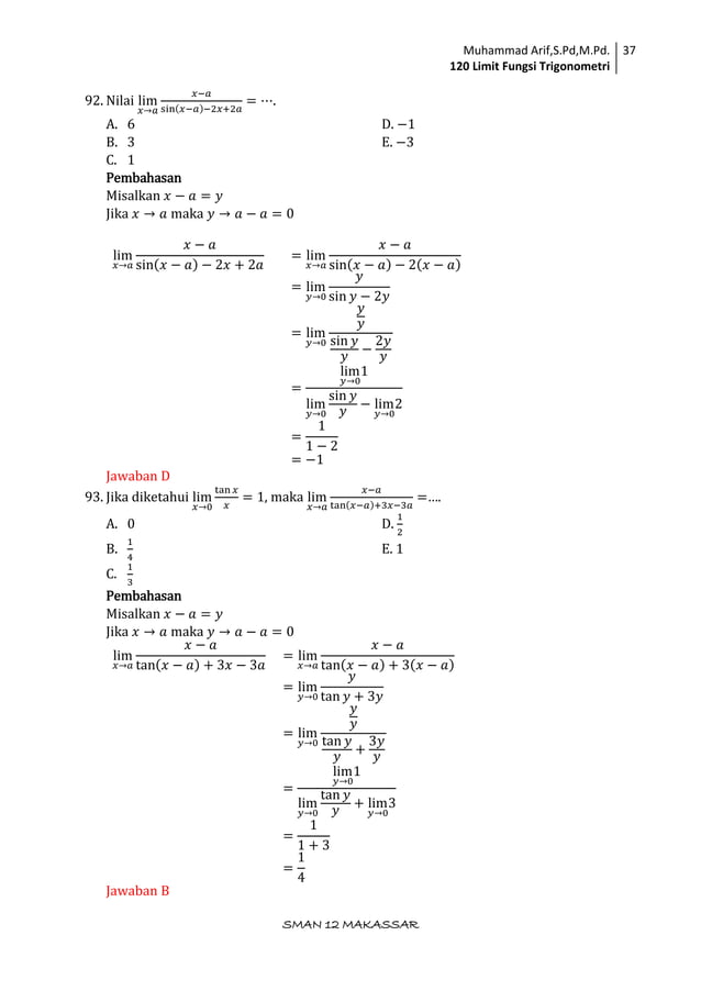 120 soal dan pembahasan limit fungsi trigonometri | PDF