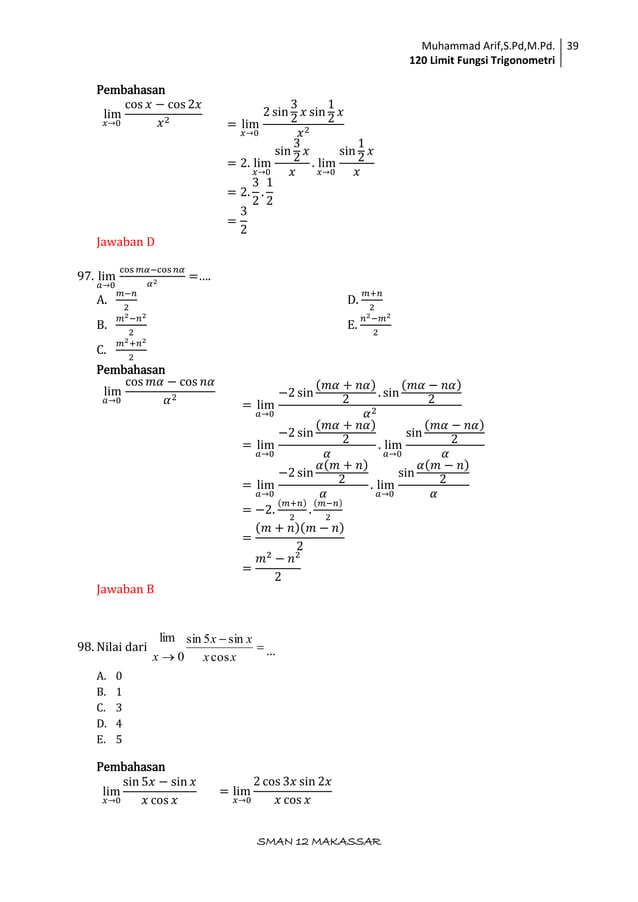 120 soal dan pembahasan limit fungsi trigonometri | PDF