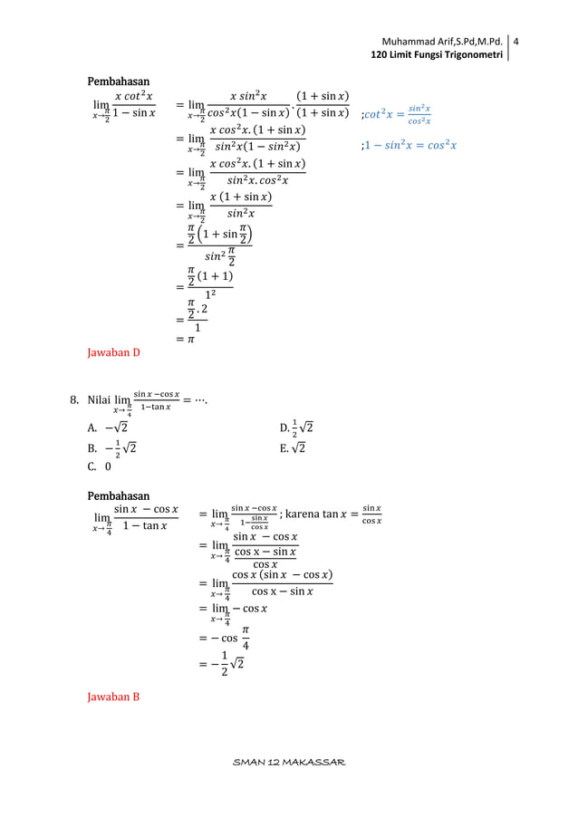 120 soal dan pembahasan limit fungsi trigonometri | PDF