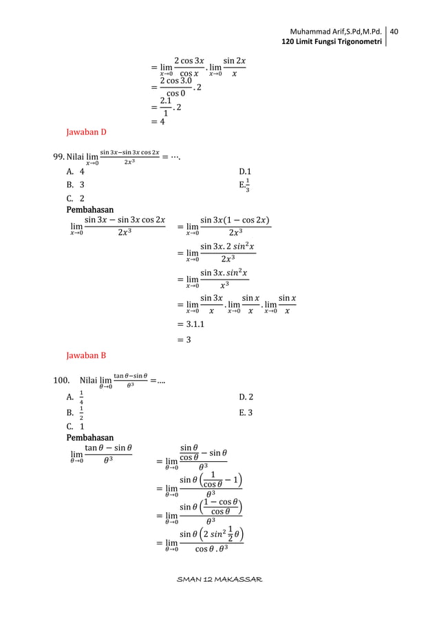 120 soal dan pembahasan limit fungsi trigonometri | PDF