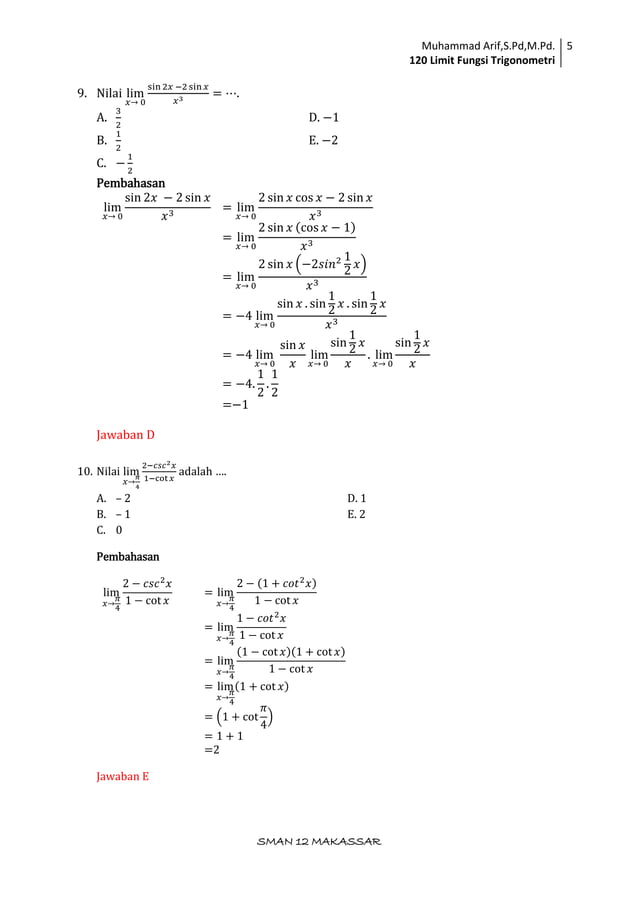 120 soal dan pembahasan limit fungsi trigonometri | PDF