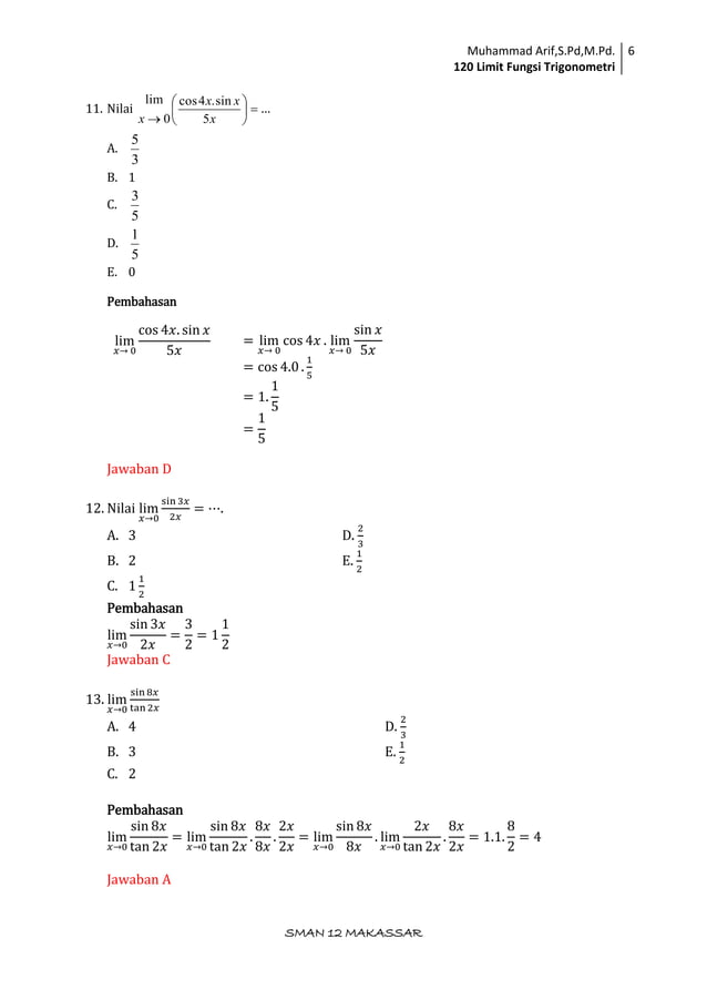 120 soal dan pembahasan limit fungsi trigonometri | PDF