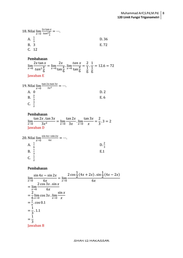 120 soal dan pembahasan limit fungsi trigonometri | PDF