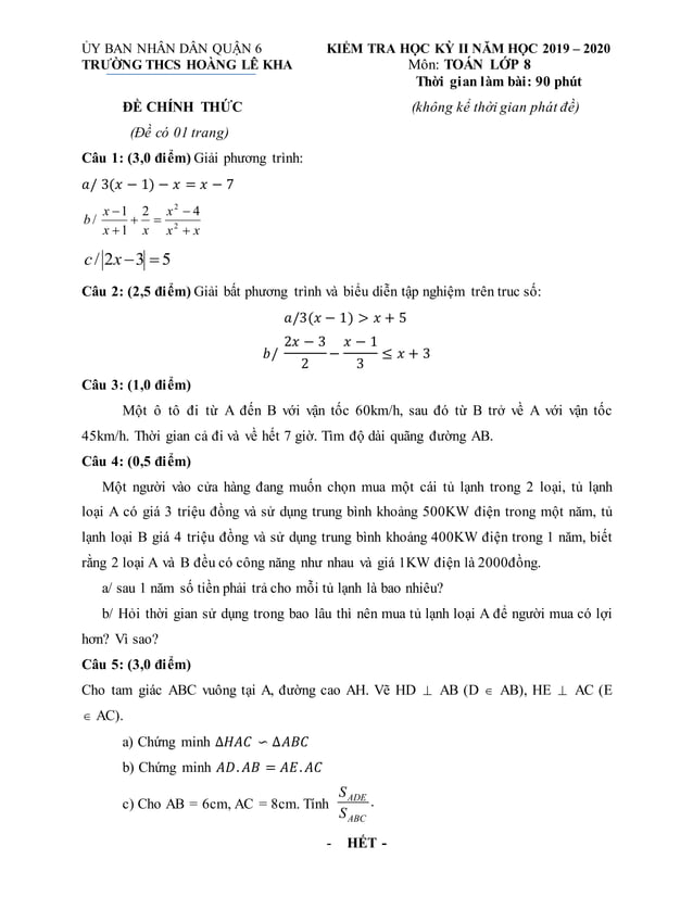 Đề Thi HK2 Toán 8 - THCS Hoàng Lê Kha | PDF