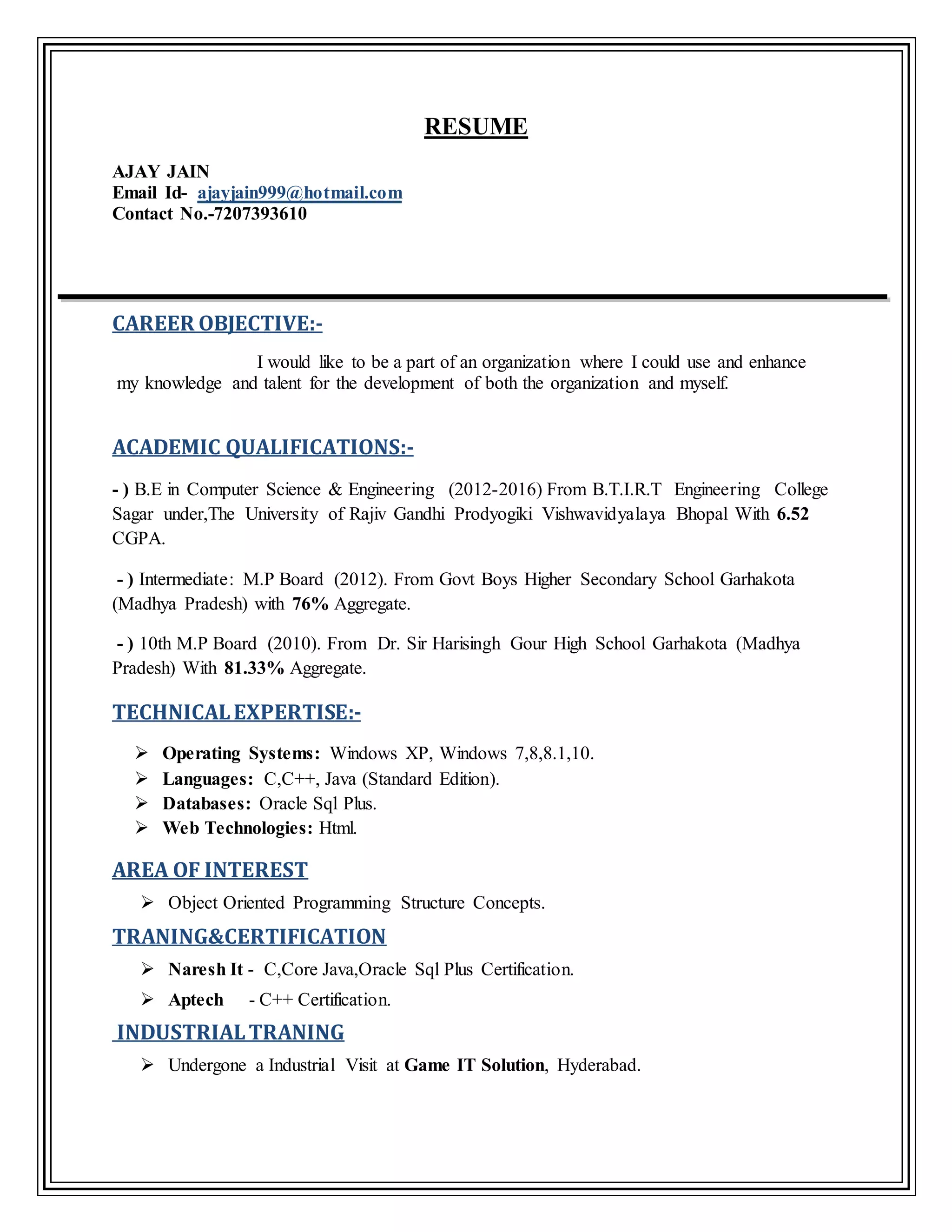 Fresher Resume | DOCX | Programming Languages | Computing