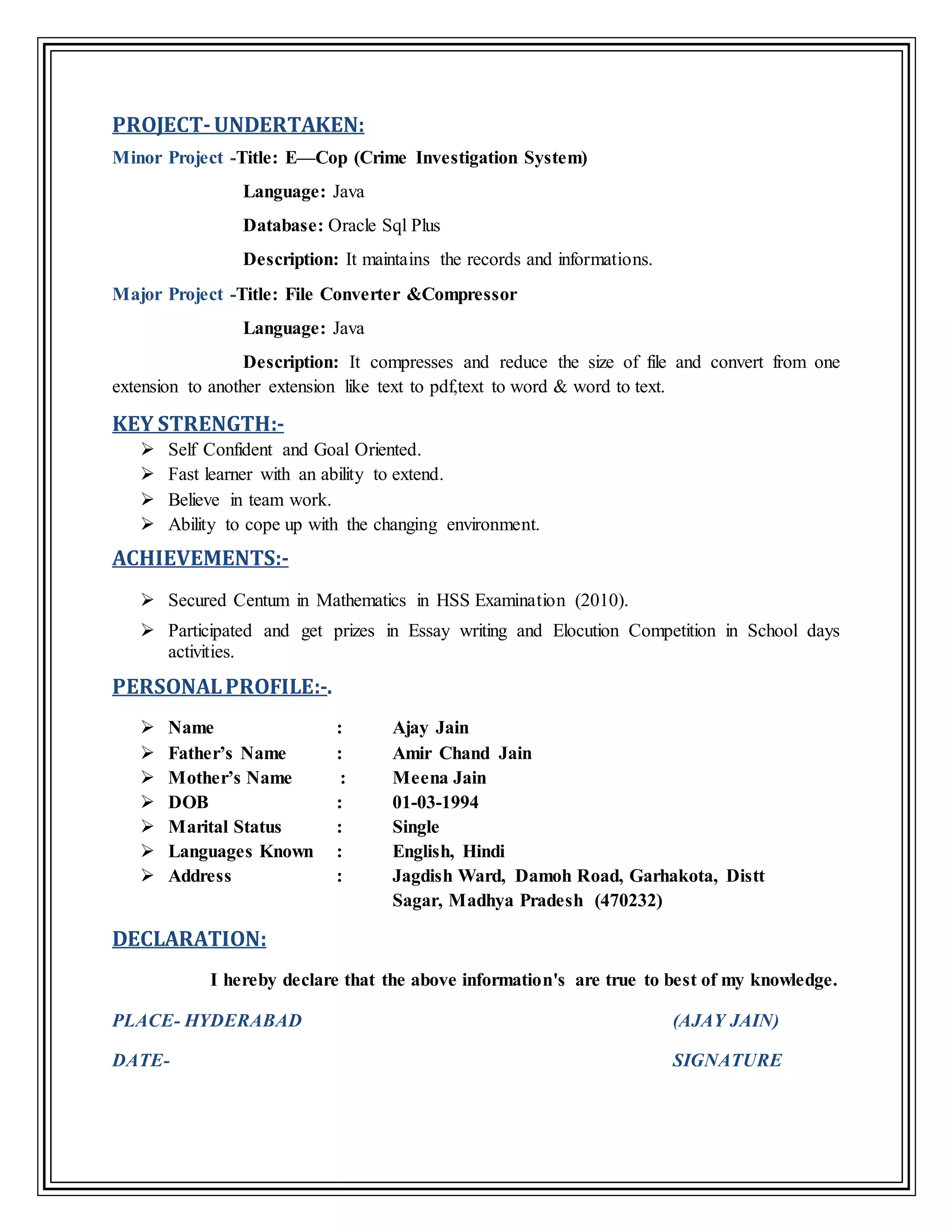 Fresher Resume | DOCX | Programming Languages | Computing