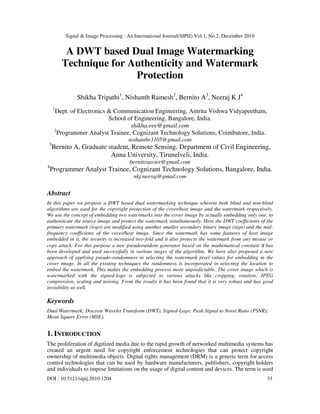 A DWT based Dual Image Watermarking Technique for Authenticity and Watermark Protection | PDF ...