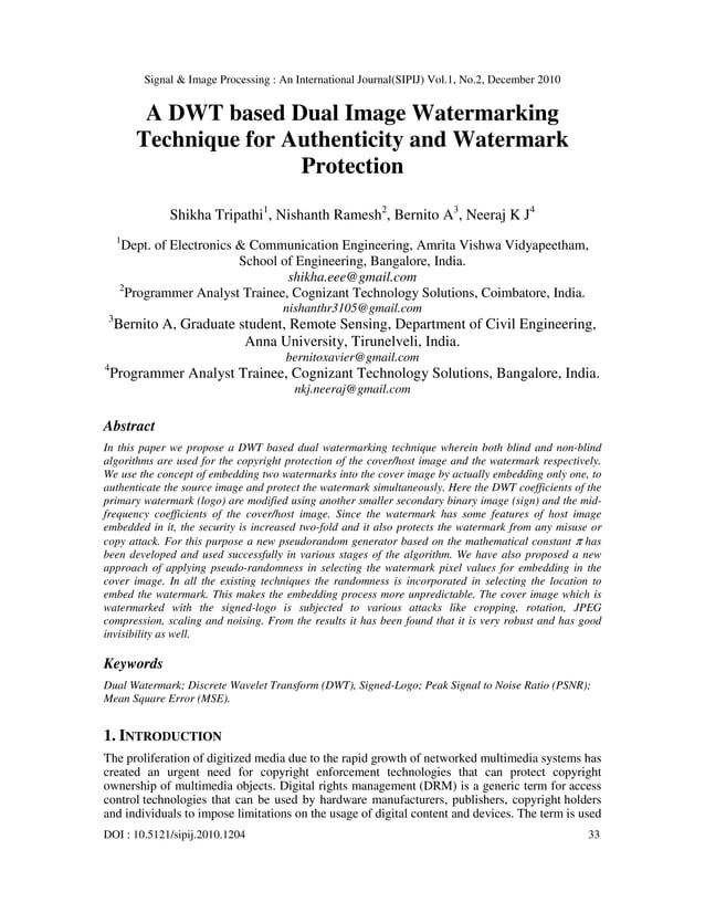 A DWT based Dual Image Watermarking Technique for Authenticity and Watermark Protection | PDF ...