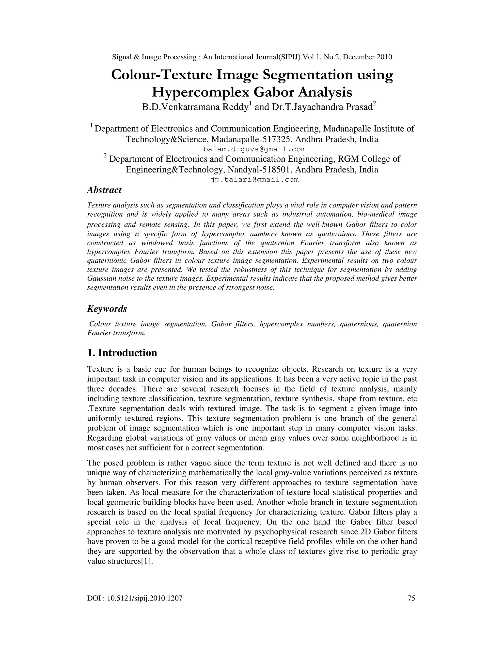 Colour-Texture Image Segmentation using Hypercomplex Gabor Analysis | PDF
