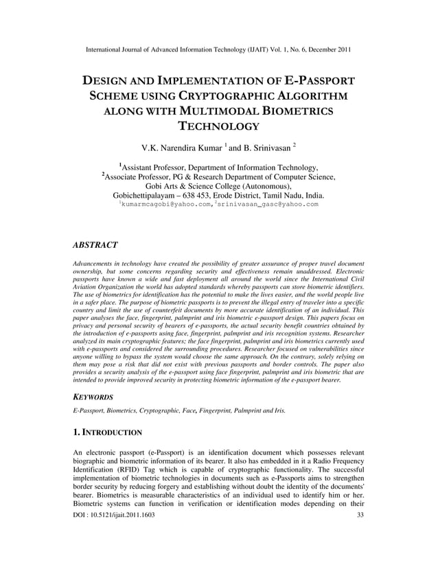 DESIGN AND IMPLEMENTATION OF E-PASSPORT SCHEME USING CRYPTOGRAPHIC ALGORITHM ALONG WITH ...