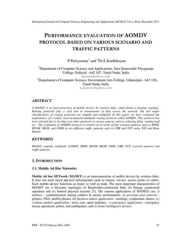 PERFORMANCE EVALUATION OF AOMDV PROTOCOL BASED ON VARIOUS SCENARIO AND TRAFFIC PATTERNS | PDF ...