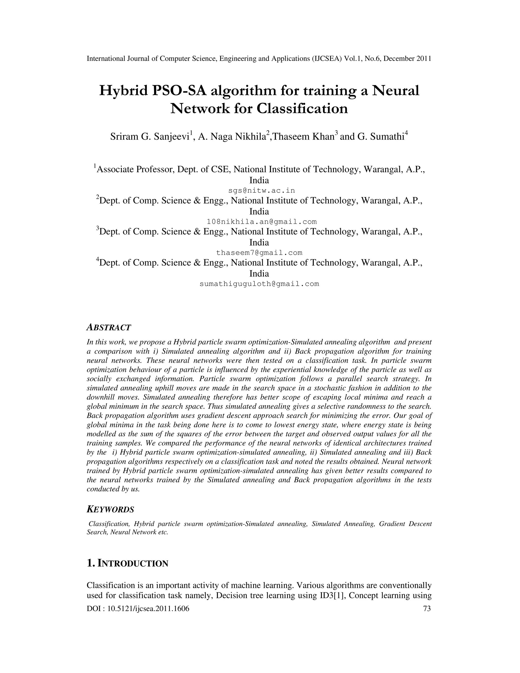 Hybrid Pso Sa Algorithm For Training A Neural Network For Classification Pdf 5058