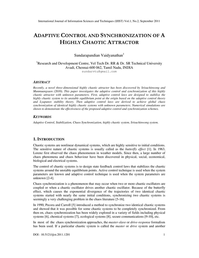 ADAPTIVE CONTROL AND SYNCHRONIZATION OF A HIGHLY CHAOTIC ATTRACTOR | PDF