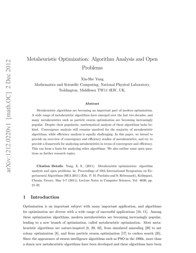 Metaheuristic Optimization: Algorithm Analysis and Open Problems | PDF