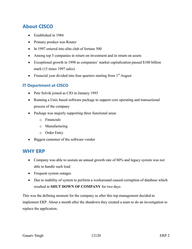 Cisco System, Inc: Implementing ERP | DOCX