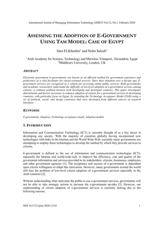 ASSESSING THE ADOPTION OF E-GOVERNMENT USING TAM MODEL: CASE OF EGYPT | PDF