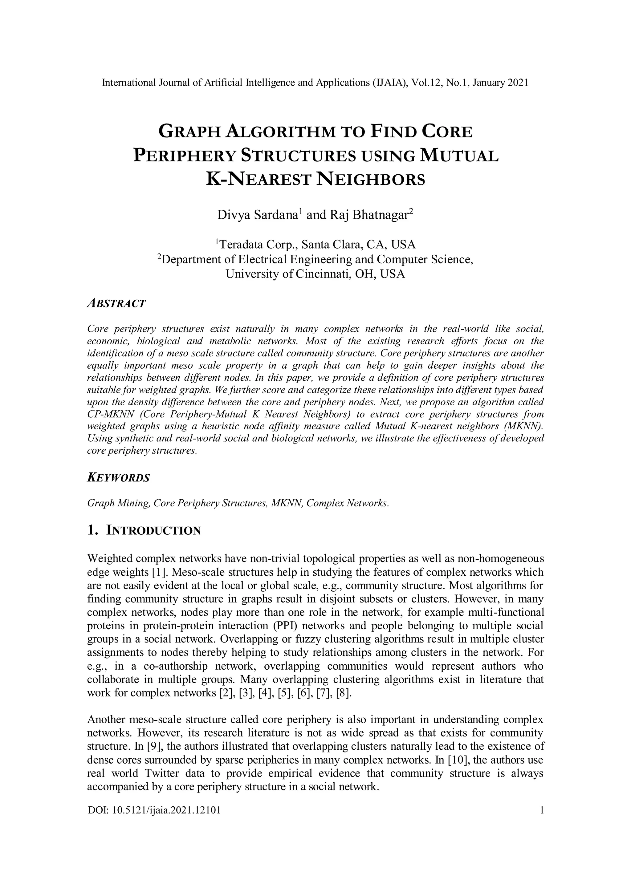 Graph Algorithm to Find Core Periphery Structures using Mutual K-nearest Neighbors | PDF