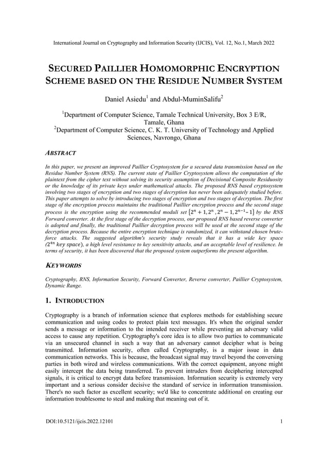 SECURED PAILLIER HOMOMORPHIC ENCRYPTION SCHEME BASED ON THE RESIDUE NUMBER SYSTEM | PDF