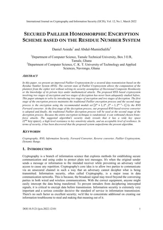 SECURED PAILLIER HOMOMORPHIC ENCRYPTION SCHEME BASED ON THE RESIDUE NUMBER SYSTEM | PDF