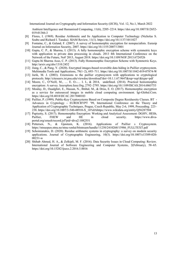 SECURED PAILLIER HOMOMORPHIC ENCRYPTION SCHEME BASED ON THE RESIDUE NUMBER SYSTEM | PDF
