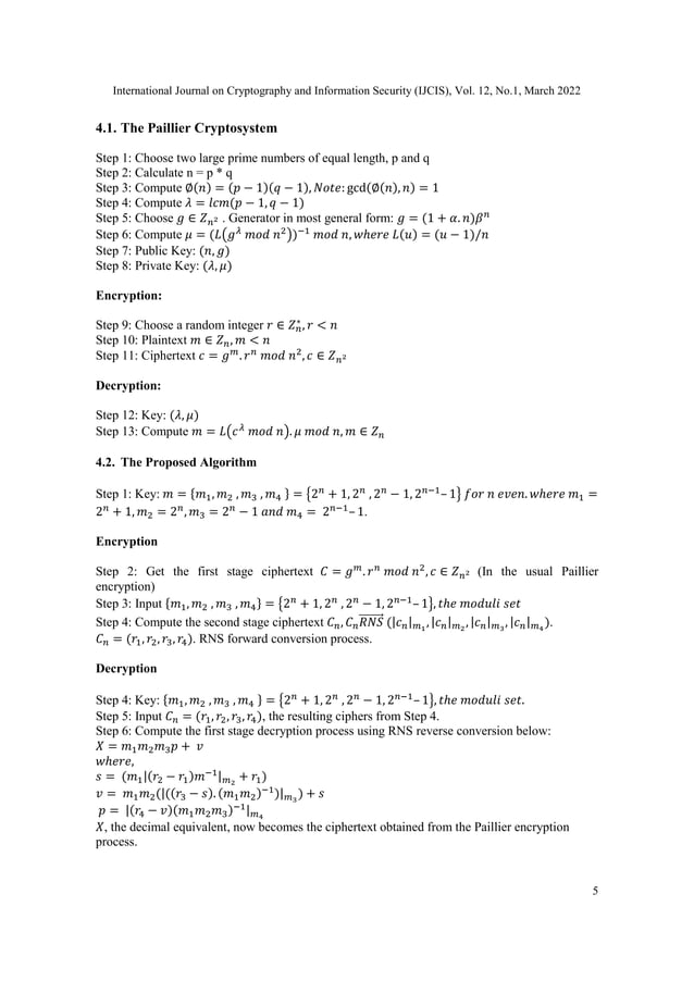 SECURED PAILLIER HOMOMORPHIC ENCRYPTION SCHEME BASED ON THE RESIDUE NUMBER SYSTEM | PDF