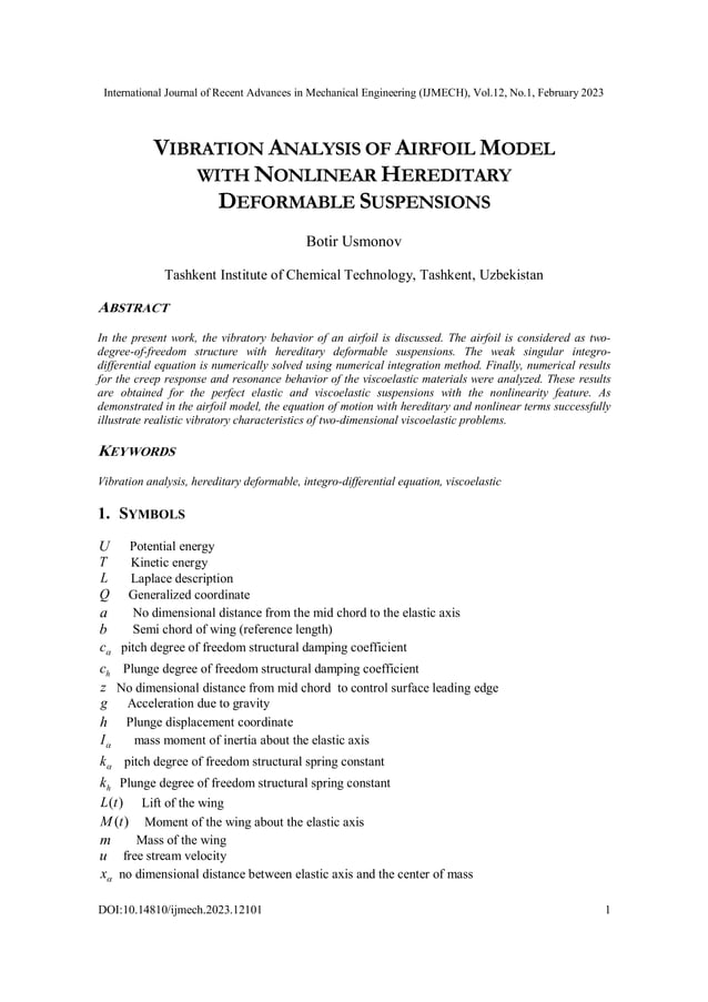 VIBRATION ANALYSIS OF AIRFOIL MODEL WITH NONLINEAR HEREDITARY DEFORMABLE SUSPENSIONS | PDF