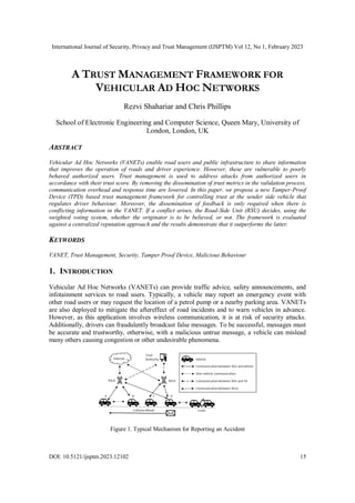 A TRUST MANAGEMENT FRAMEWORK FOR VEHICULAR AD HOC NETWORKS | PDF
