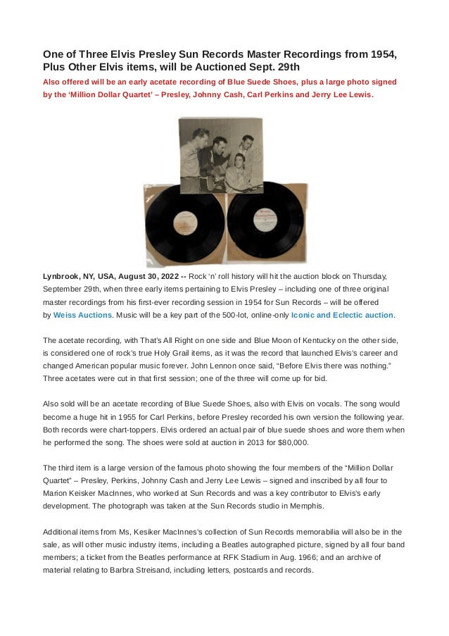 Elvis Presley Master Recording from 1954 at Sun Records will be Sold by ...