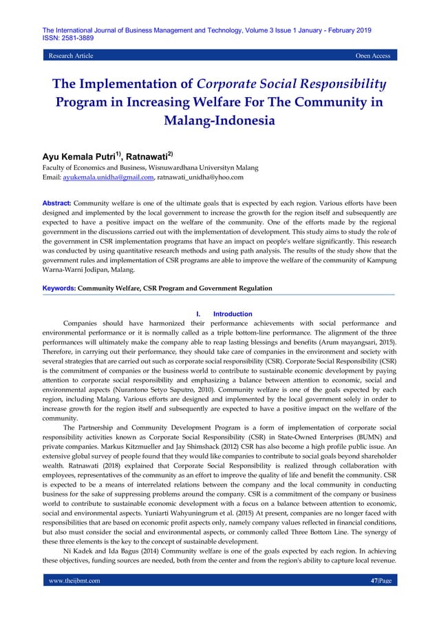 The Implementation of Corporate Social Responsibility Program in Increasing Welfare For The ...