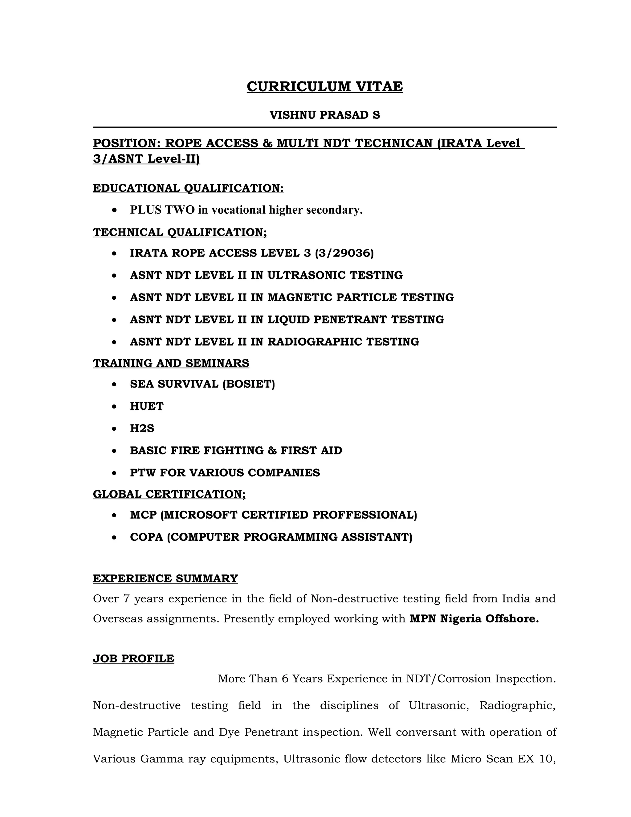 VISHNU PRASAD-CV-IRATA L3 ASNT L2 | DOC